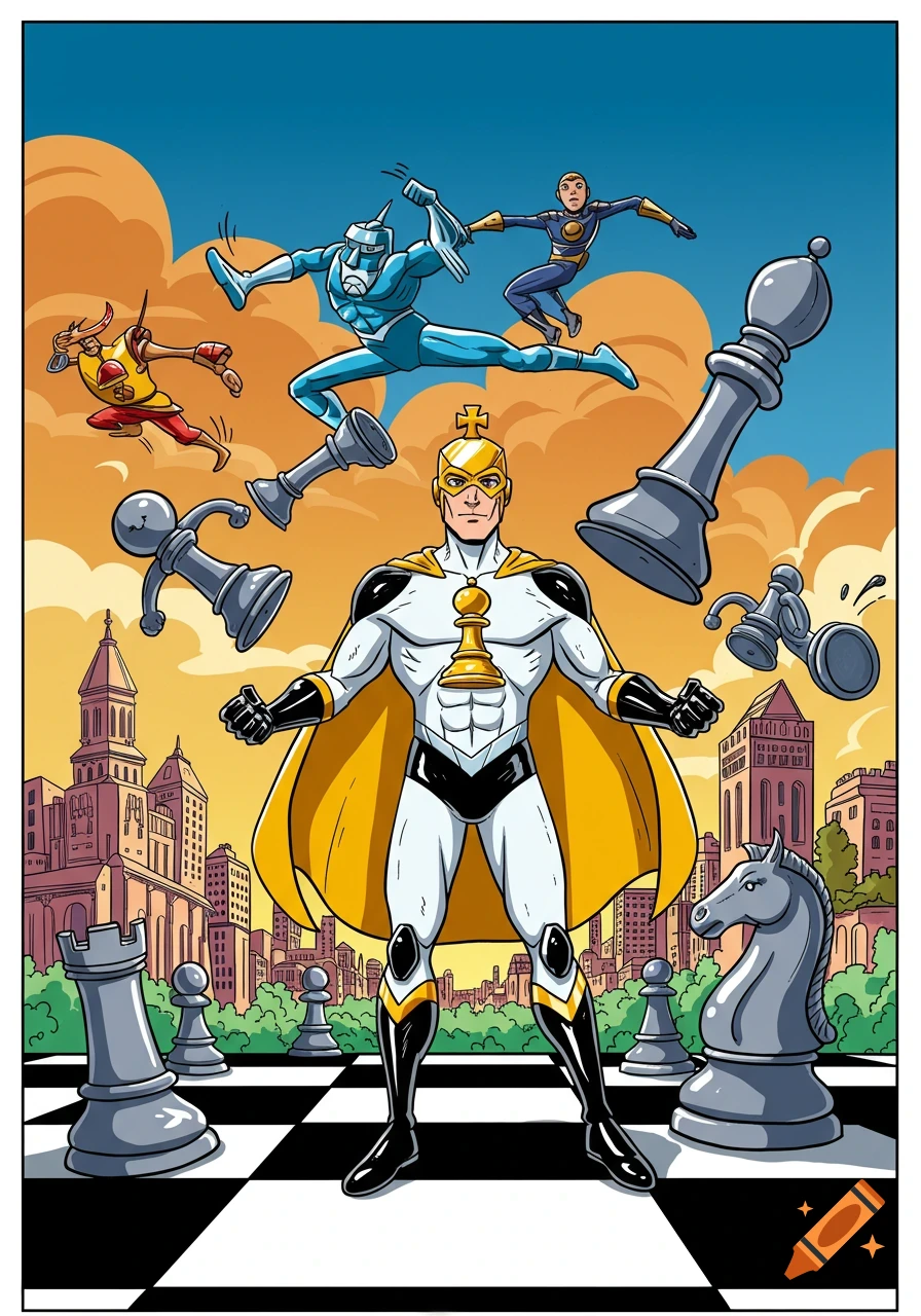 A superhero with a chess king headpiece stands on a chessboard ...