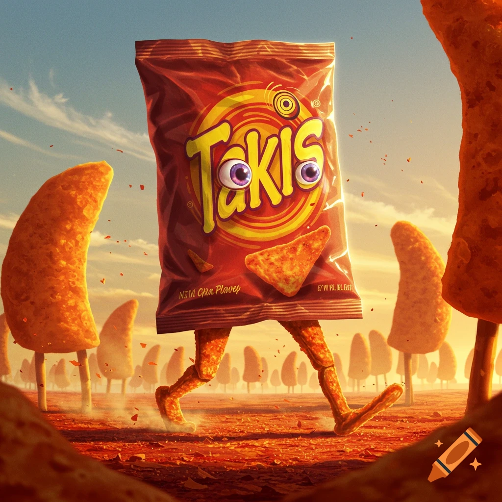 A walking Takis chip bag with large eyes and long, textured legs ...
