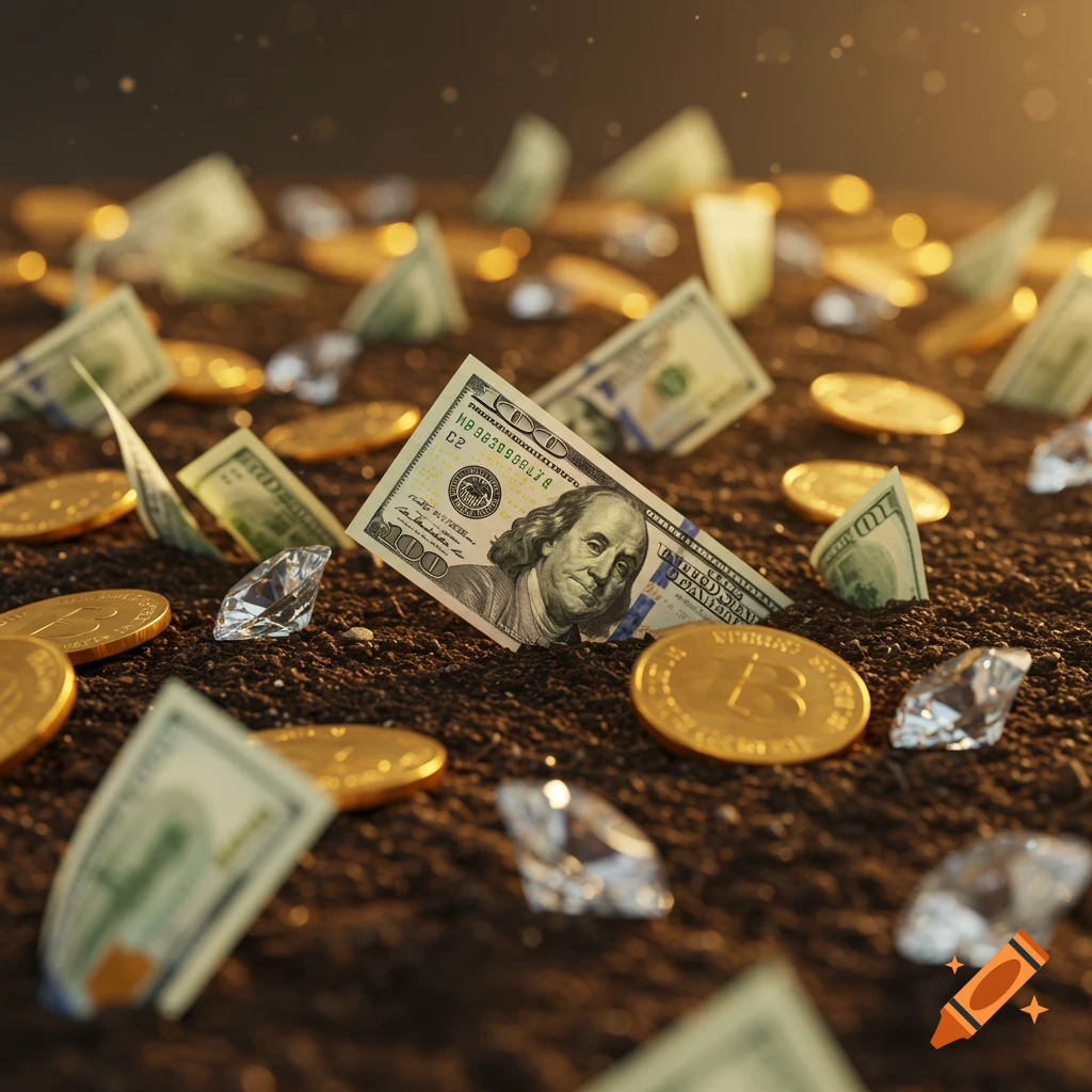 Close-up photorealistic image of hundred-dollar bills, golden coins ...