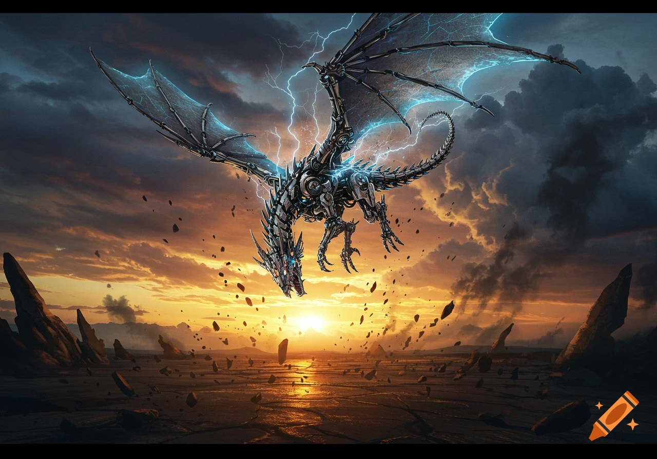 A large green and red dragon stands on a misty peak, breathing fire ...