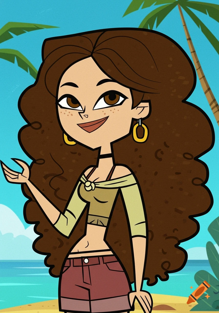 Three cartoon characters, two girls and one boy, smiling on a beach ...