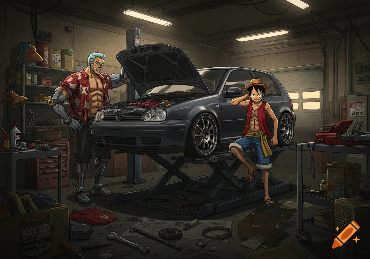 Luffy and Franky from One Piece stand in a garage with a car on a ...