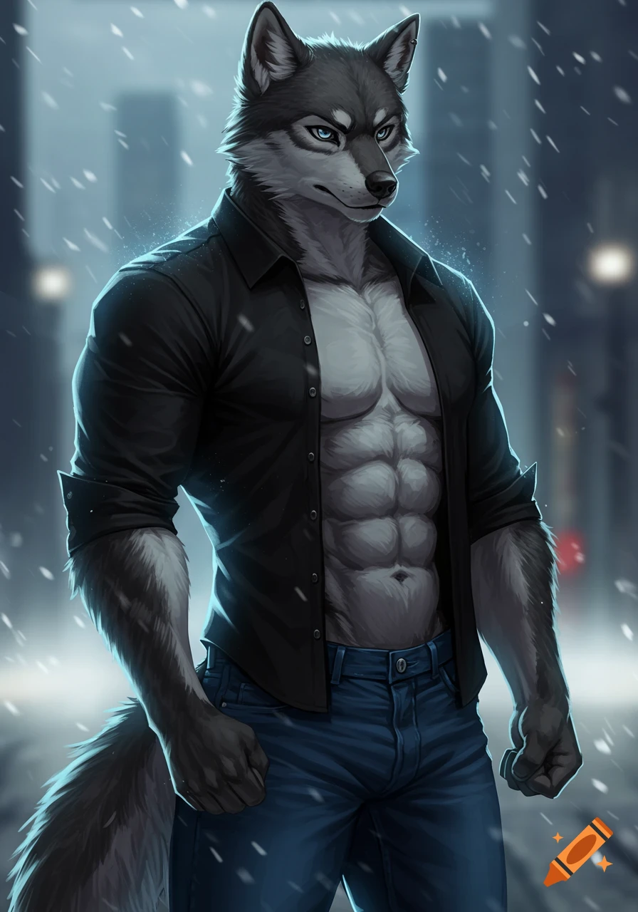 A buff anthropomorphic raccoon in a menacing pose with a sly expression stands on a rooftop ...