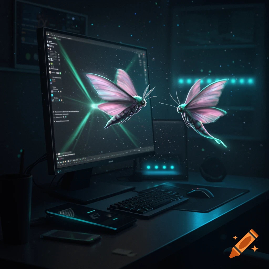 Two glowing moths with pink wings hover over a futuristic computer ...