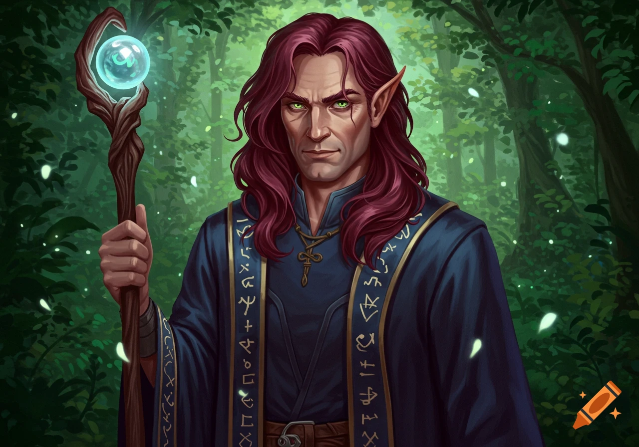 A young gnome wizard with short black hair, amber eyes, and glasses ...