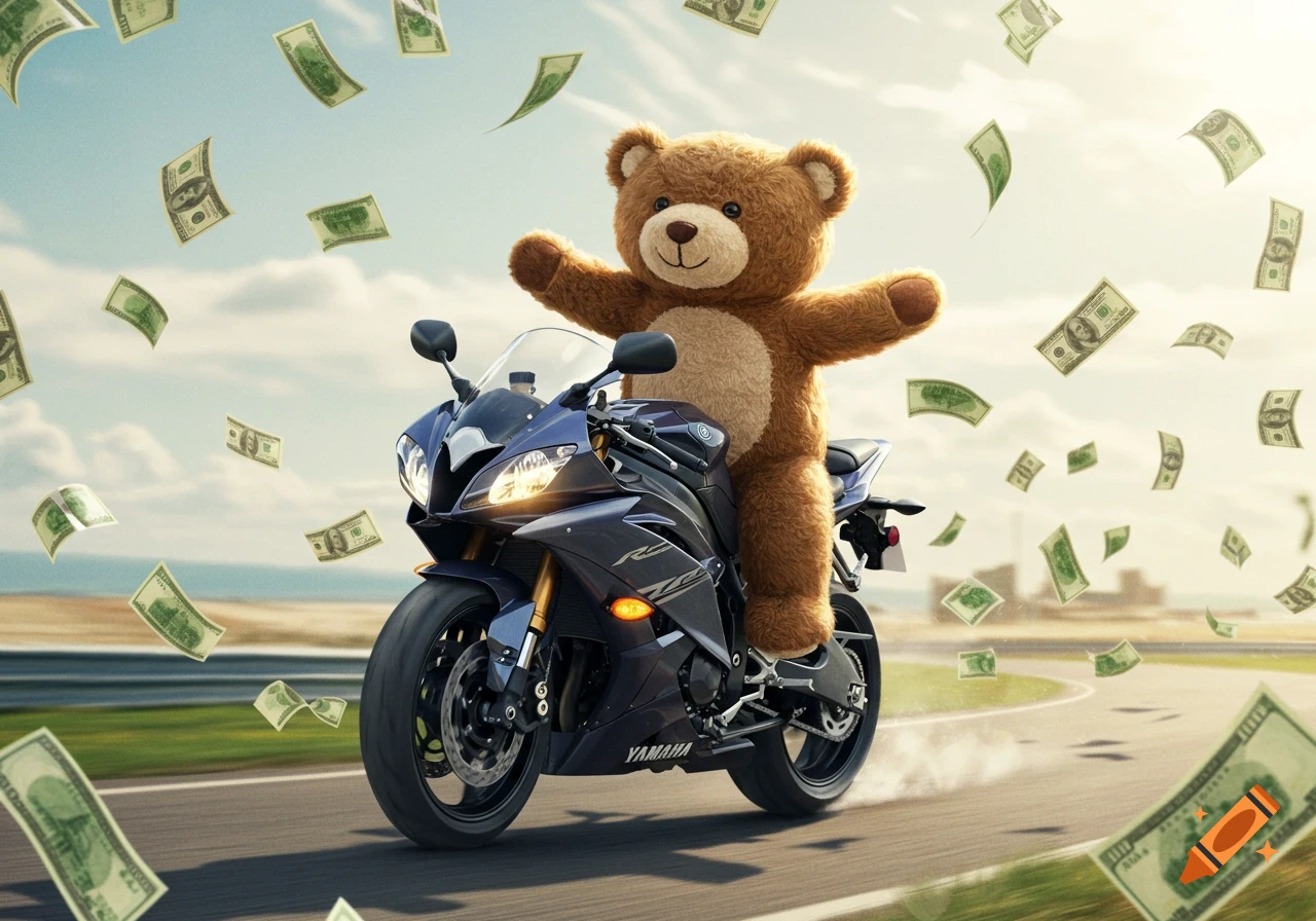 A anthropomorphic panda in a red and black racing suit rides a blue and ...