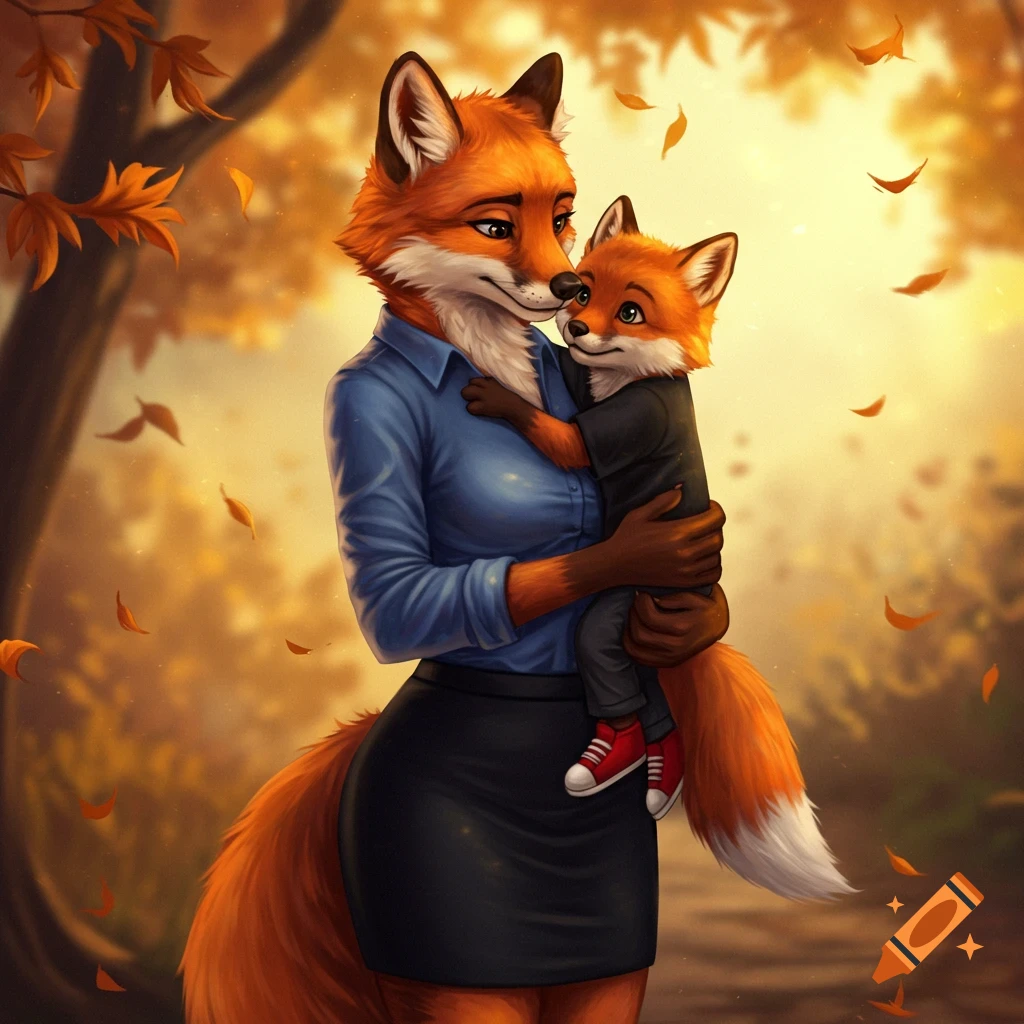 An anthropomorphic fox mother in a blue shirt and black skirt holds her ...