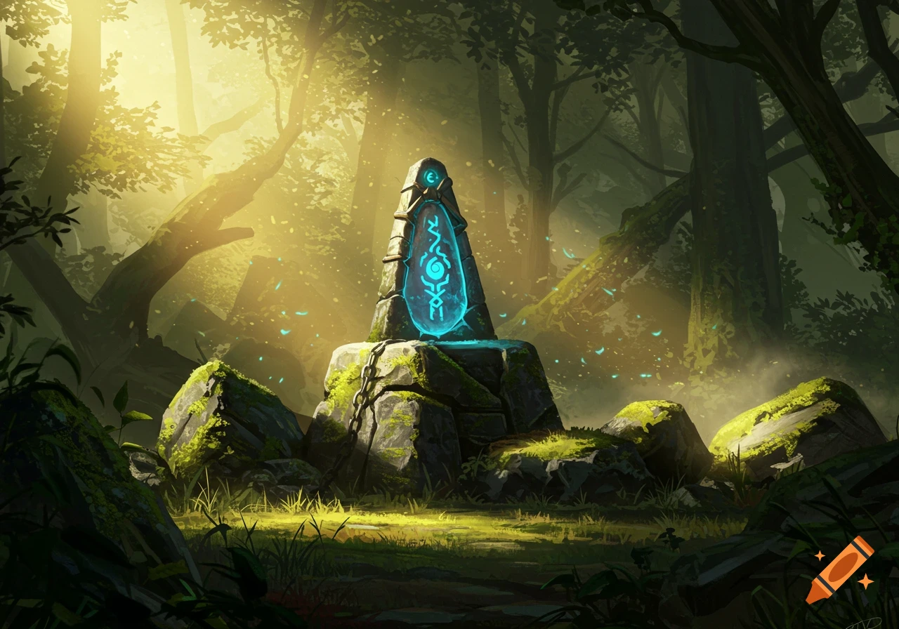 A glowing blue runic obelisk stands on mossy rocks in a sun-drenched ...