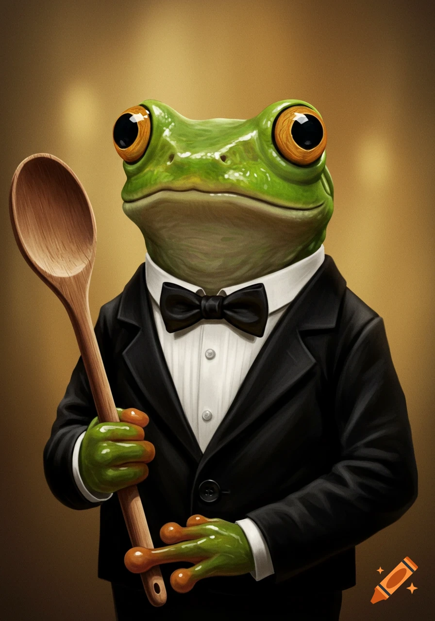 A close-up illustration of a green frog wearing a black tuxedo and bow ...
