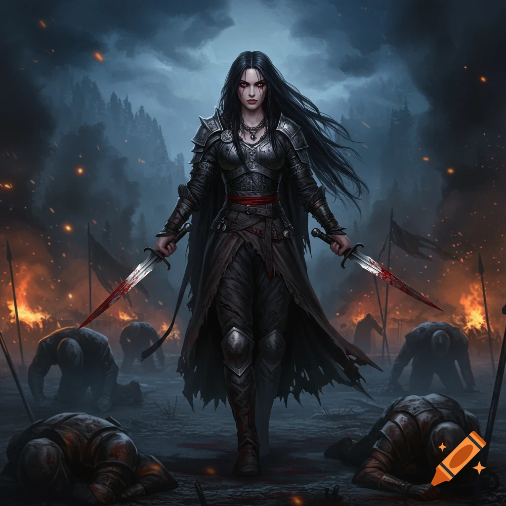 Dark-haired woman in armor holding bloody daggers on a smoky ...