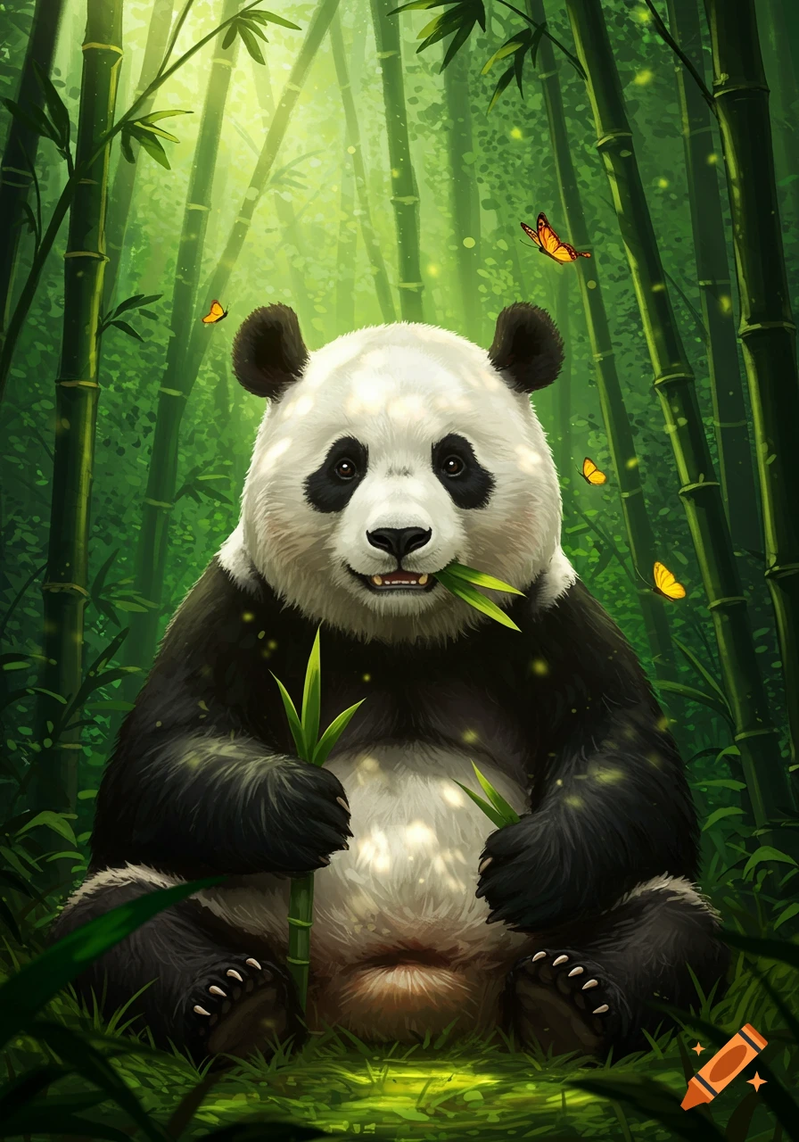 A cute panda sitting on a wooden table, rendered in an impressionist ...