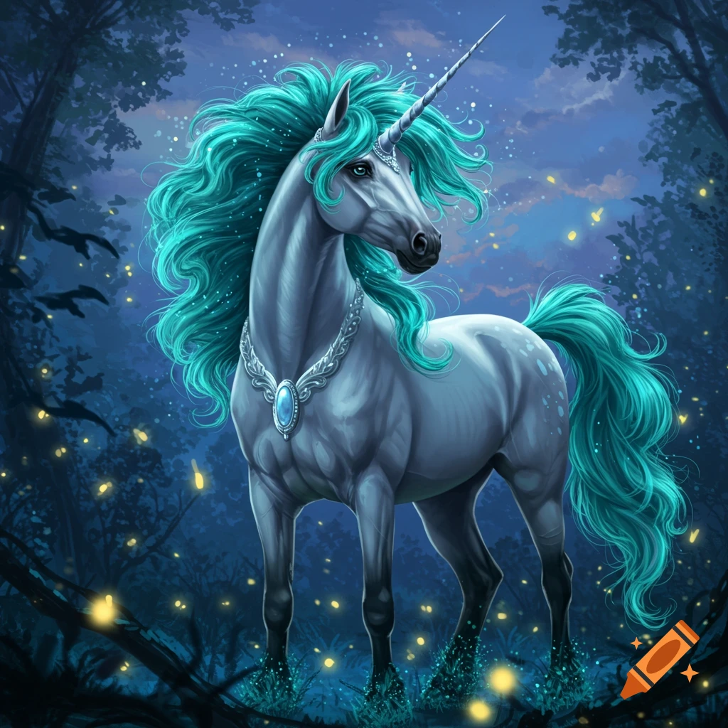 A white unicorn with a flowing teal mane and tail, adorned with a ...