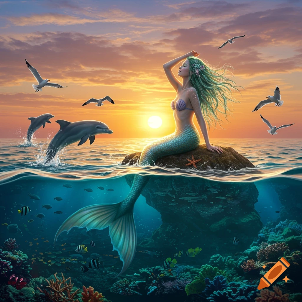 A mermaid sits on an underwater rock at sunset, looking up, with her ...