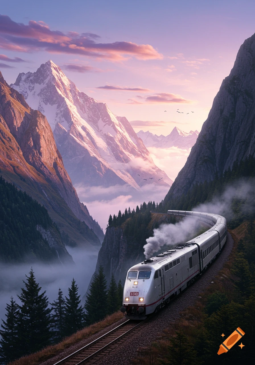 A photorealistic image of a train winding through a mountain valley at sunrise or sunset, with ...