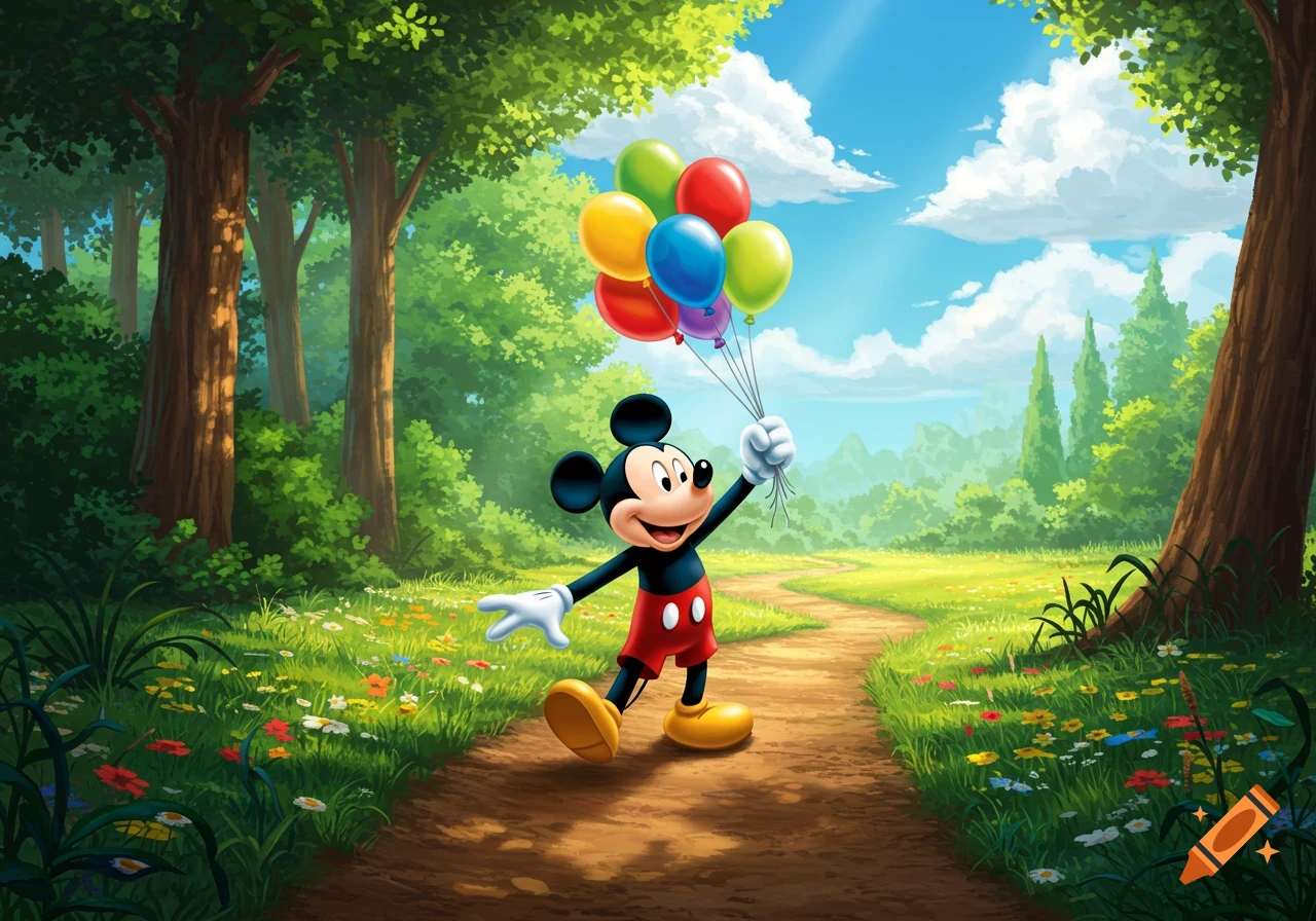Mickey Mouse floats cheerfully in a blue sky, holding a cluster of ...