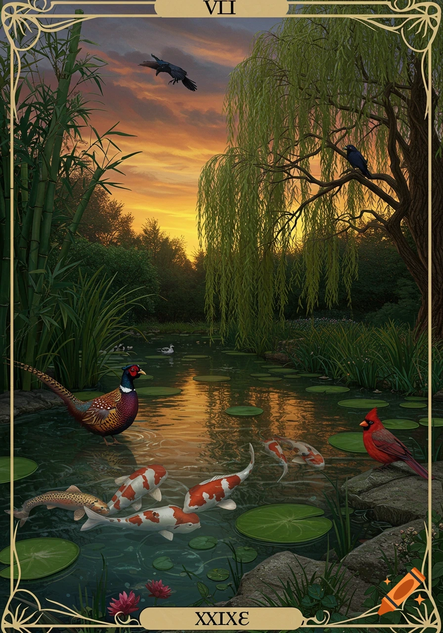 A vibrant tarot card depicts a peaceful pond at sunset with koi fish, a ...