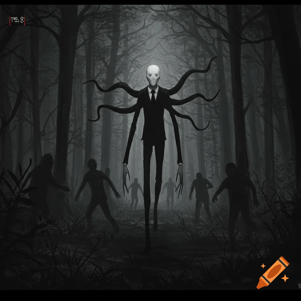 A tall, faceless Slender Man with tentacles stands menacingly in a dark ...