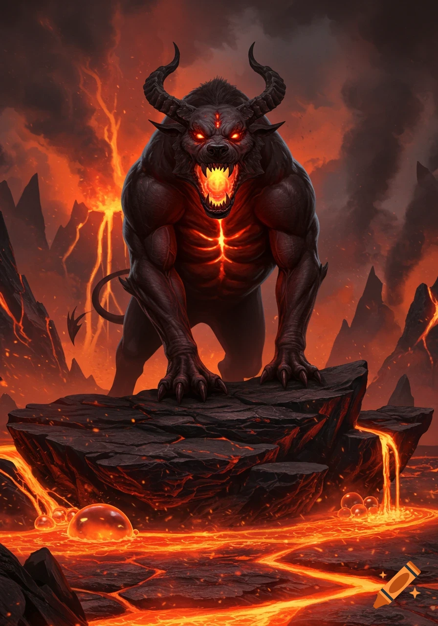 A majestic fire-elemental dragon with dark, glowing volcanic scales ...