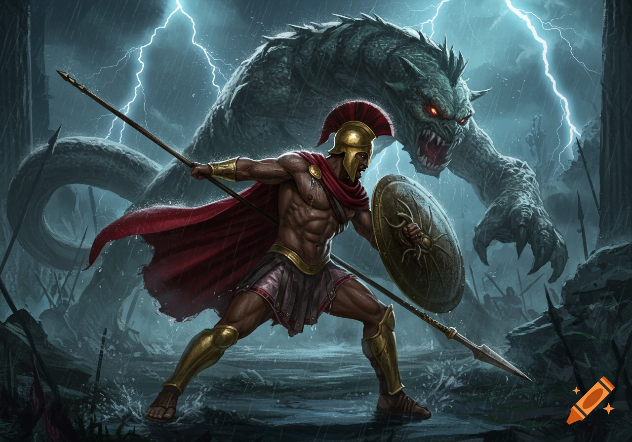 A Greek warrior battles a large green monster in the rain with ...