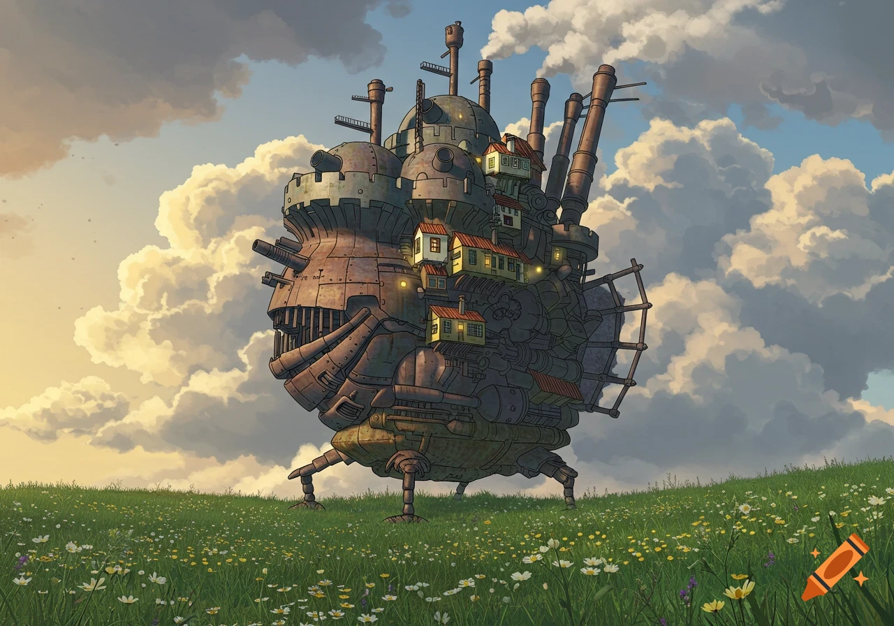 Howl's Moving Castle, a fantastical walking machine, stands on a green ...