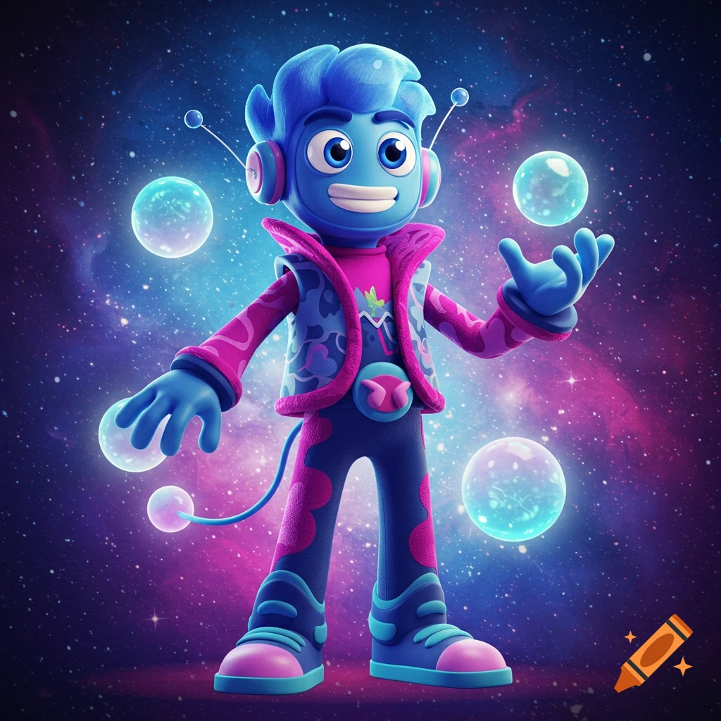 A vibrant 3D cartoon alien character with blue skin and pink and blue ...