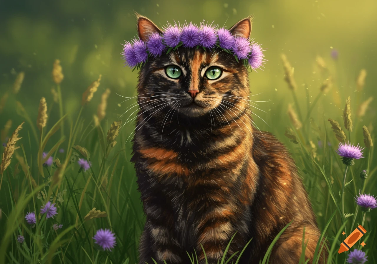 A tortoise shell cat with bright green eyes wears a purple thistle ...