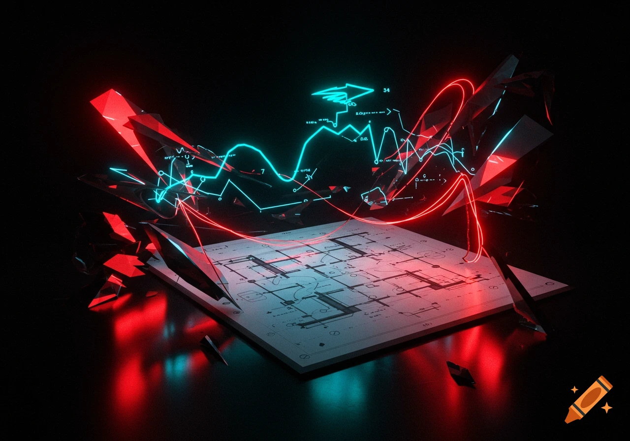 A red and white low-poly papercraft sculpture resembling a play/pause ...