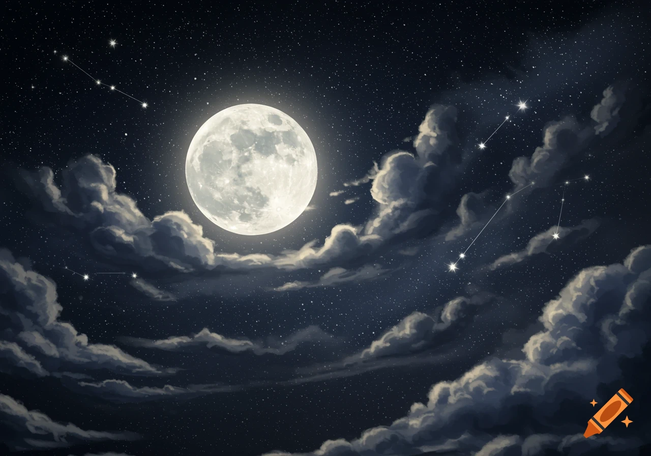 A full moon shines brightly in a dark night sky filled with stars and faint constellations among ...