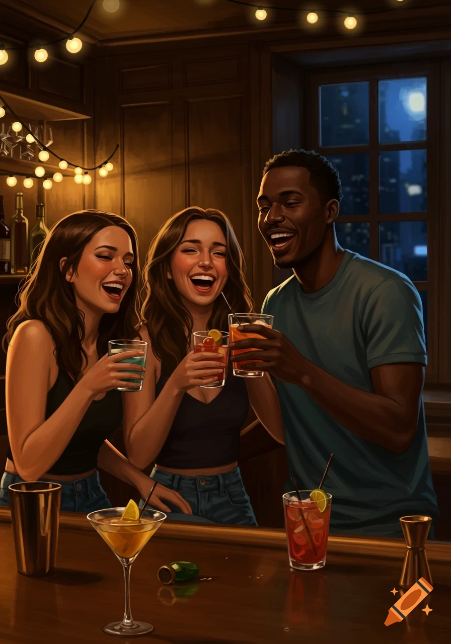 Three friends, two women and one man, laugh while holding drinks at a ...