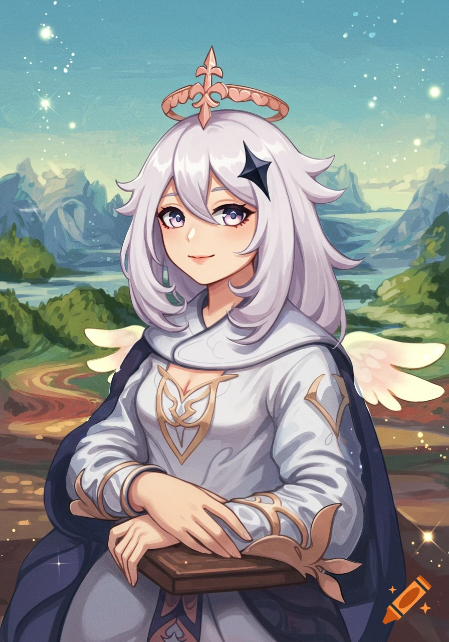 Anime illustration of Paimon from Genshin Impact, smiling gently in a ...