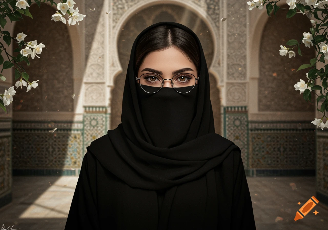 Two veiled women in black niqabs and robes sit back-to-back in a dark ...