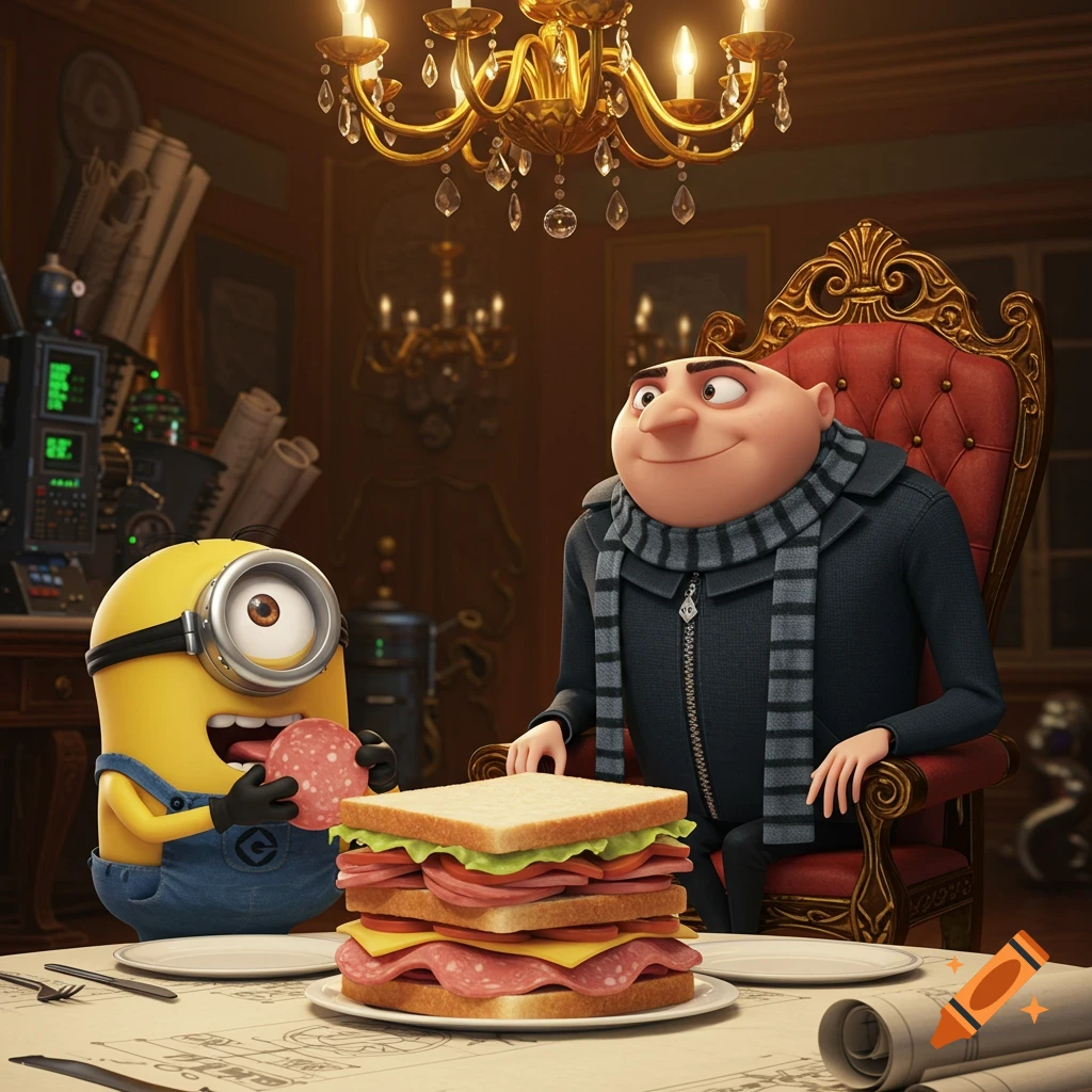 Gru watches a Minion holding salami, next to a large sandwich on a ...