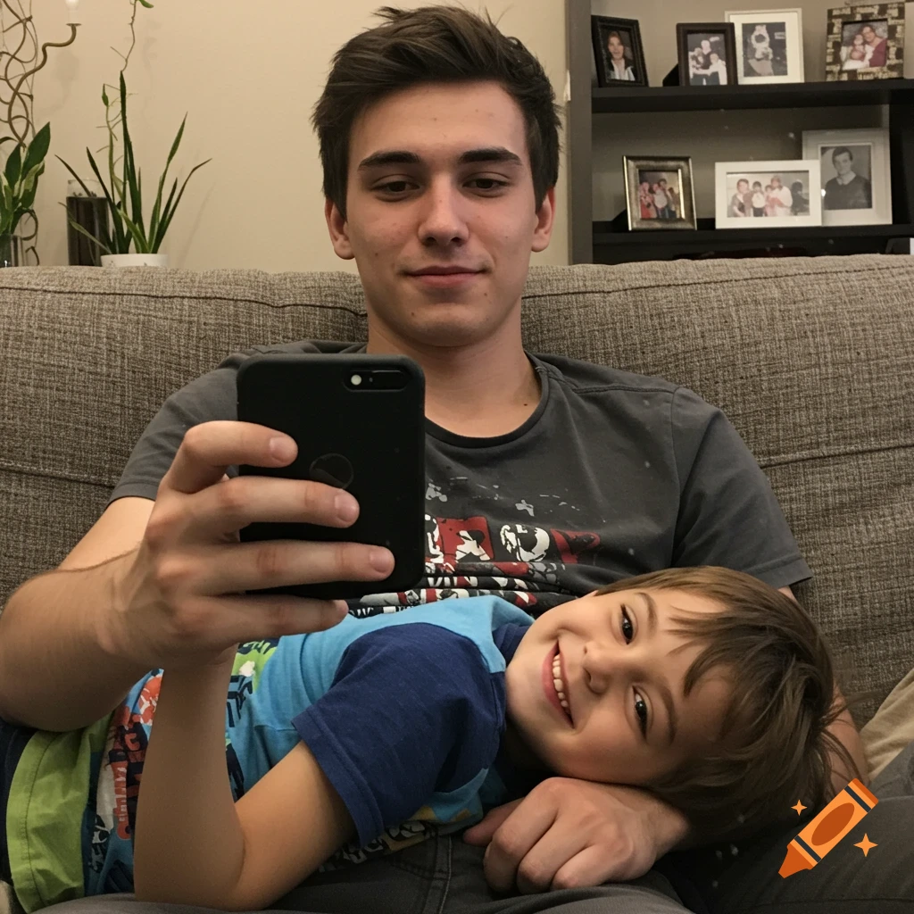 Photorealistic selfie of a man holding a phone, with a smiling child ...