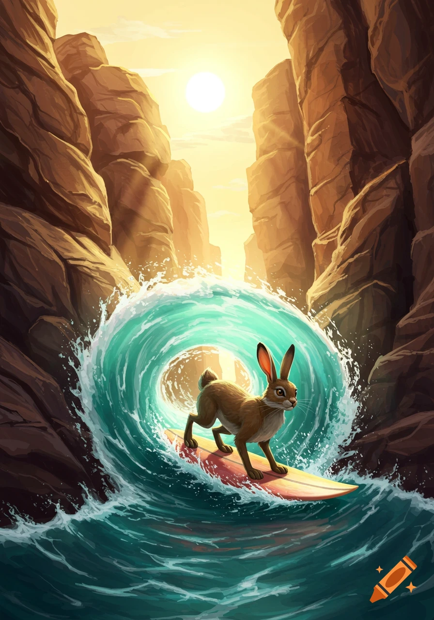 An illustrated rabbit surfs on a surfboard through a teal wave in a ...