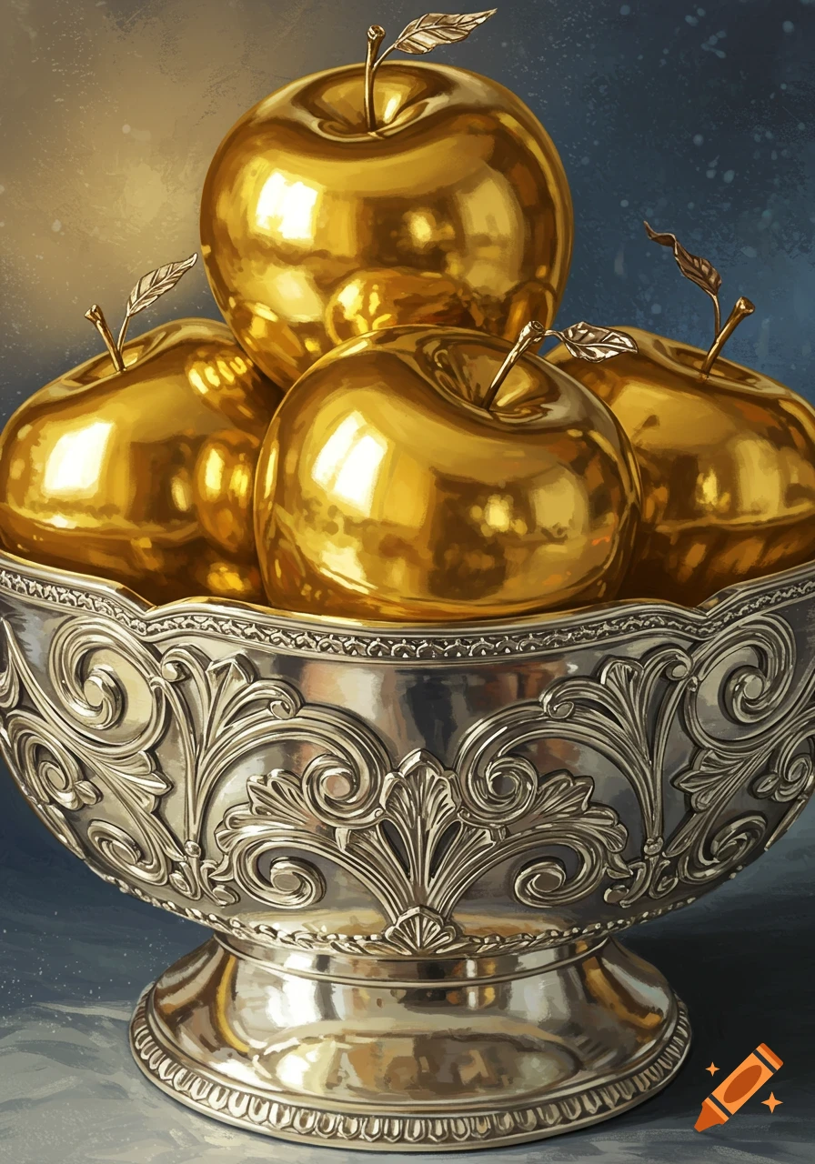 Several gleaming golden apples nestled within an ornate silver bowl ...