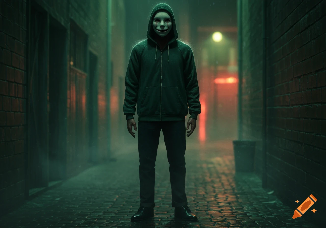 A hooded vigilante in a black jacket and a creepy white mask with sharp ...