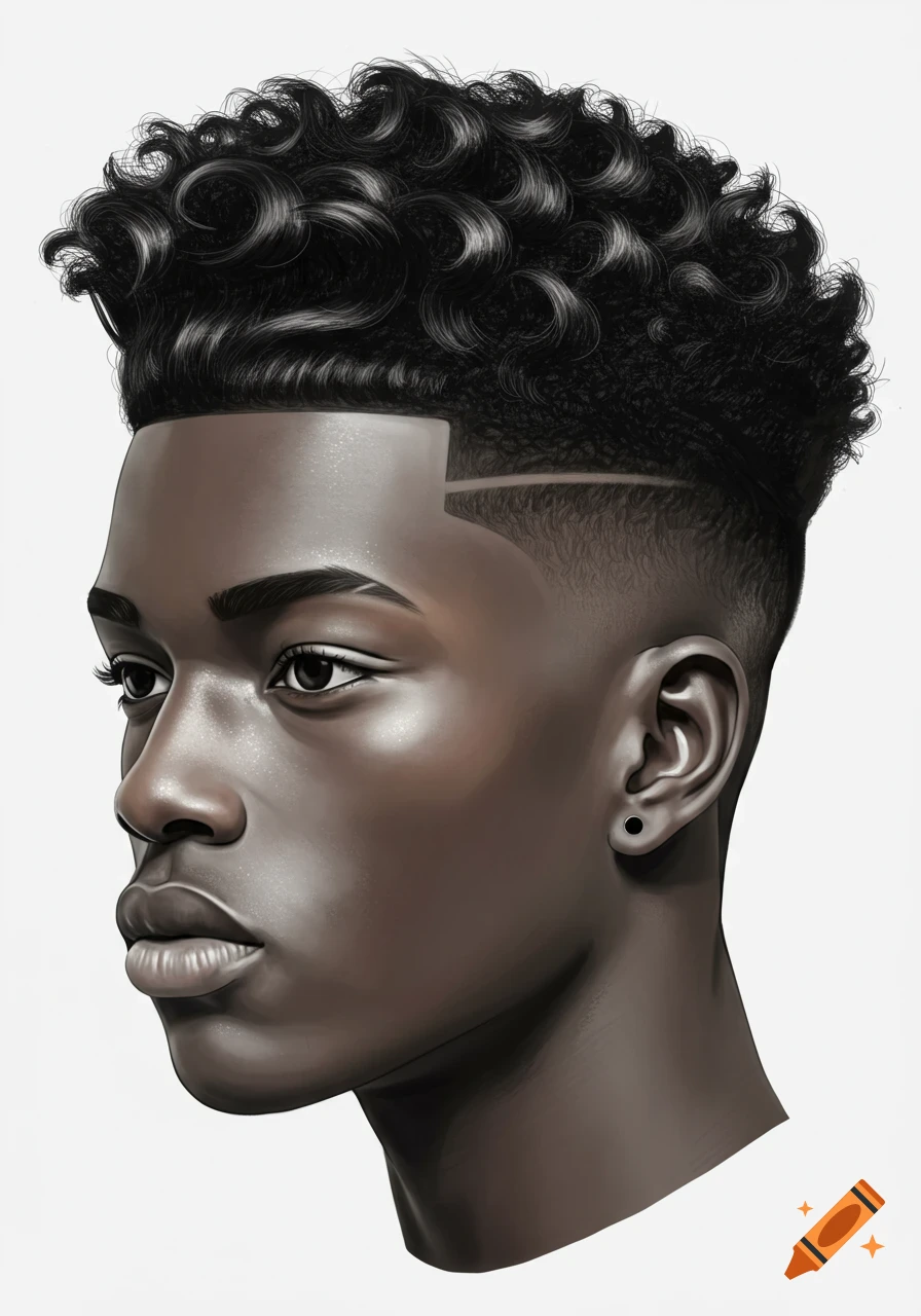 Profile of a young man with a dark curly taper fade haircut featuring a ...