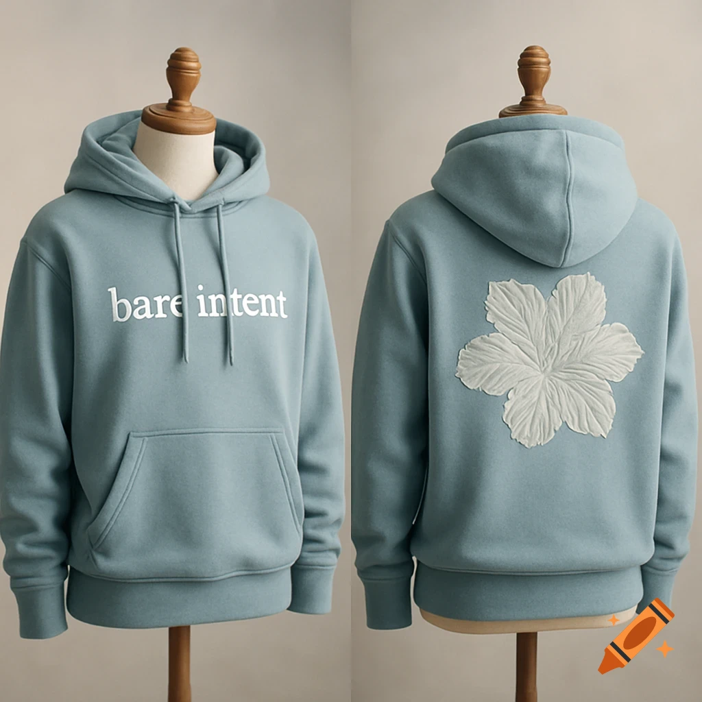 Front and back view of a faded sky blue hoodie on a mannequin. The front features 'bare intent ...