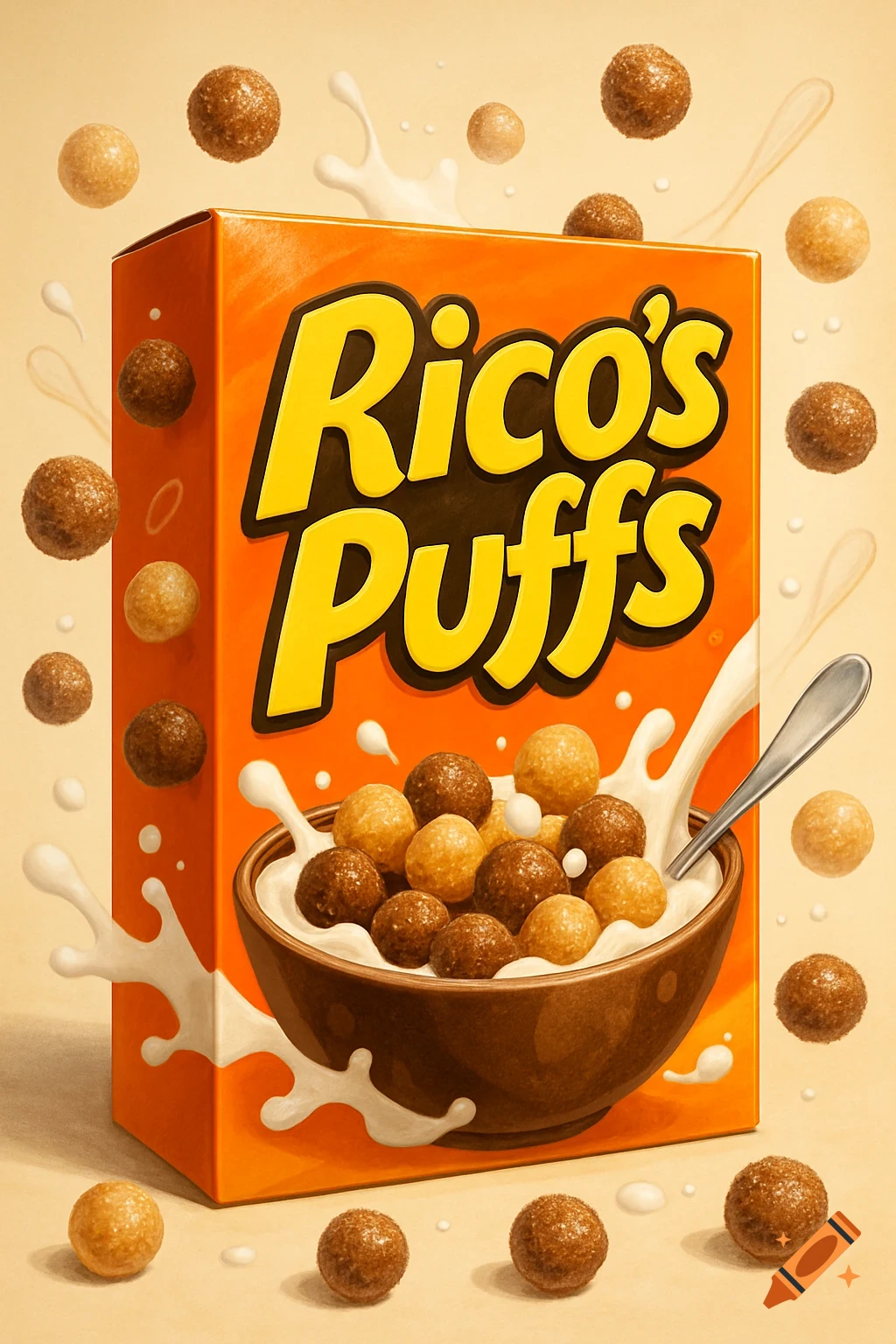 Photorealistic image of an orange Rico's Puffs cereal box with a bowl ...