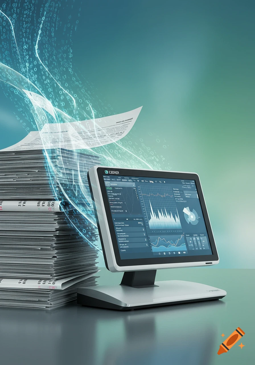 A stack of paper documents and a computer monitor displaying graphs ...