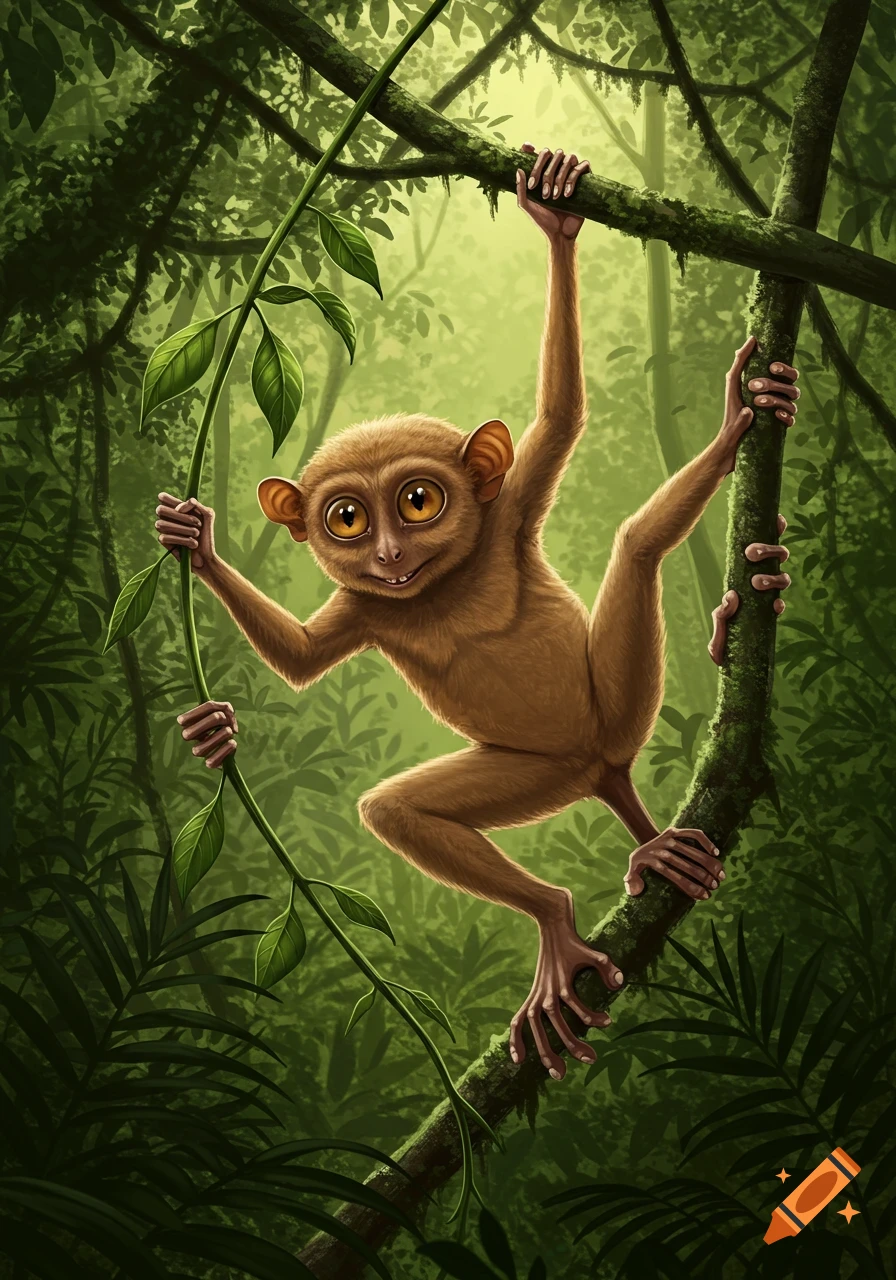 A wide-eyed, brown primate with large ears hangs from green branches in ...