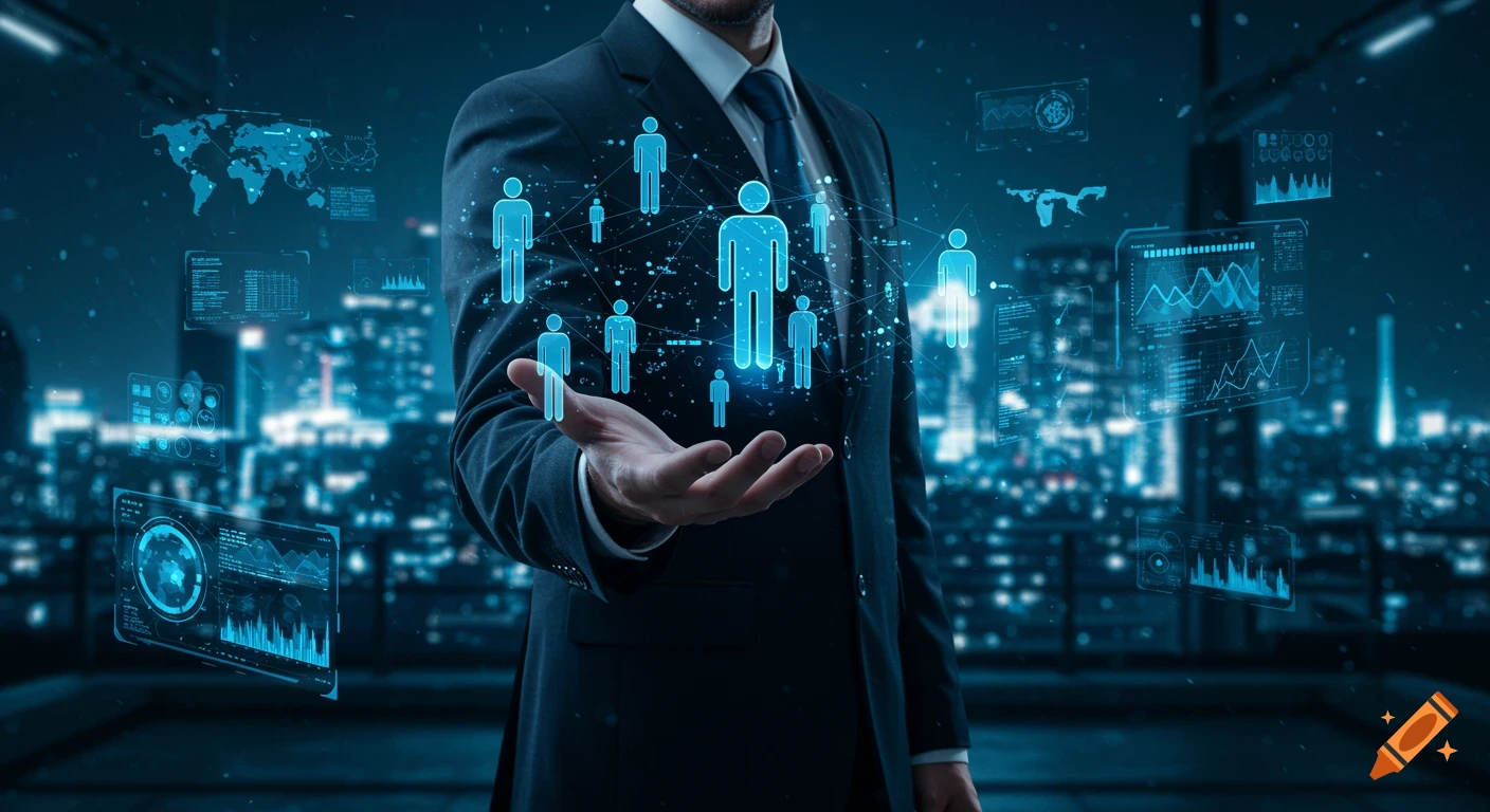 Futuristic robotic hand touches a holographic business process ...