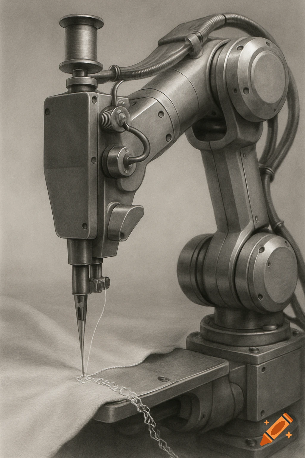 A detailed realistic drawing of a robotic sewing machine with a needle ...