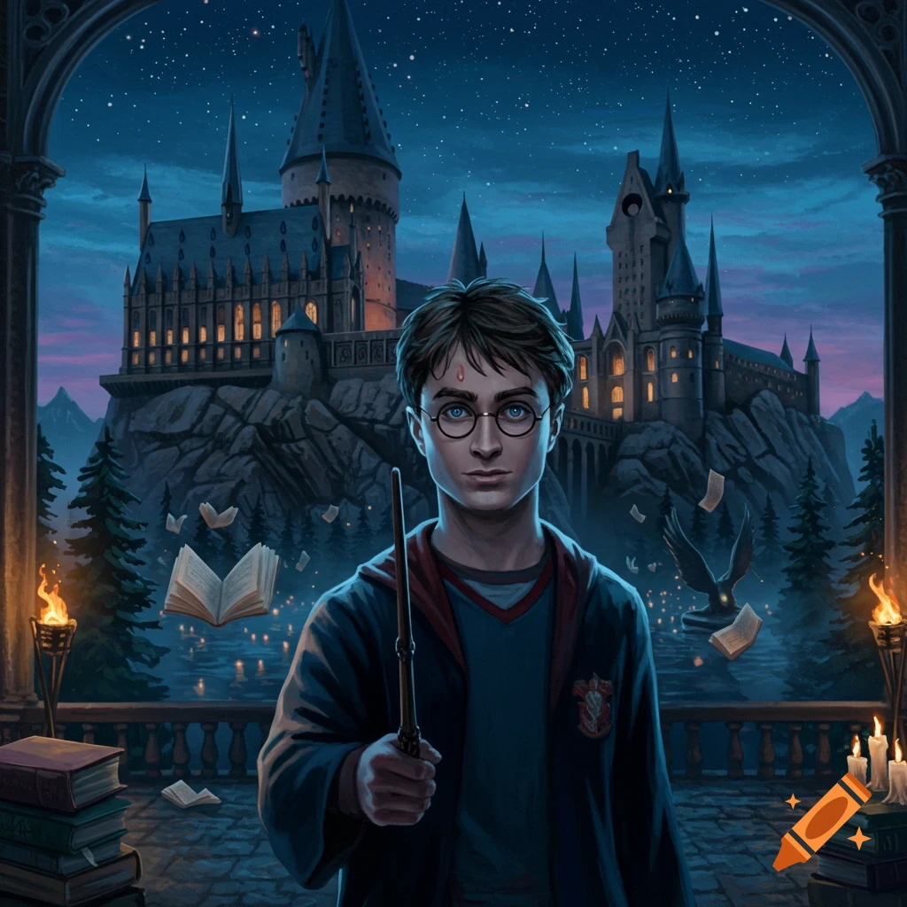 Harry Potter on a cliff, casting a spell with golden light from his wand, overlooking Hogwarts ...
