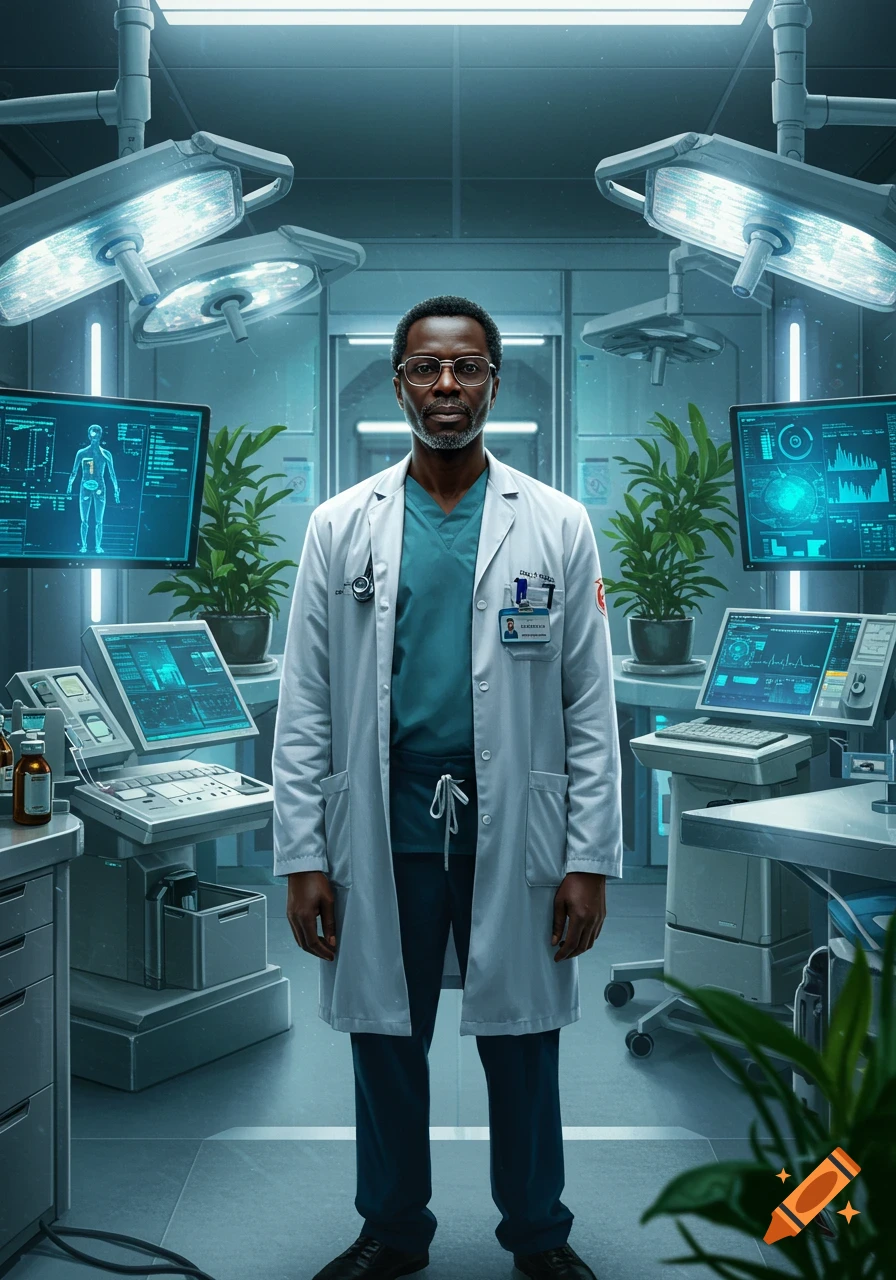 Photorealistic portrait of a Latina scientist in a lab coat standing in ...