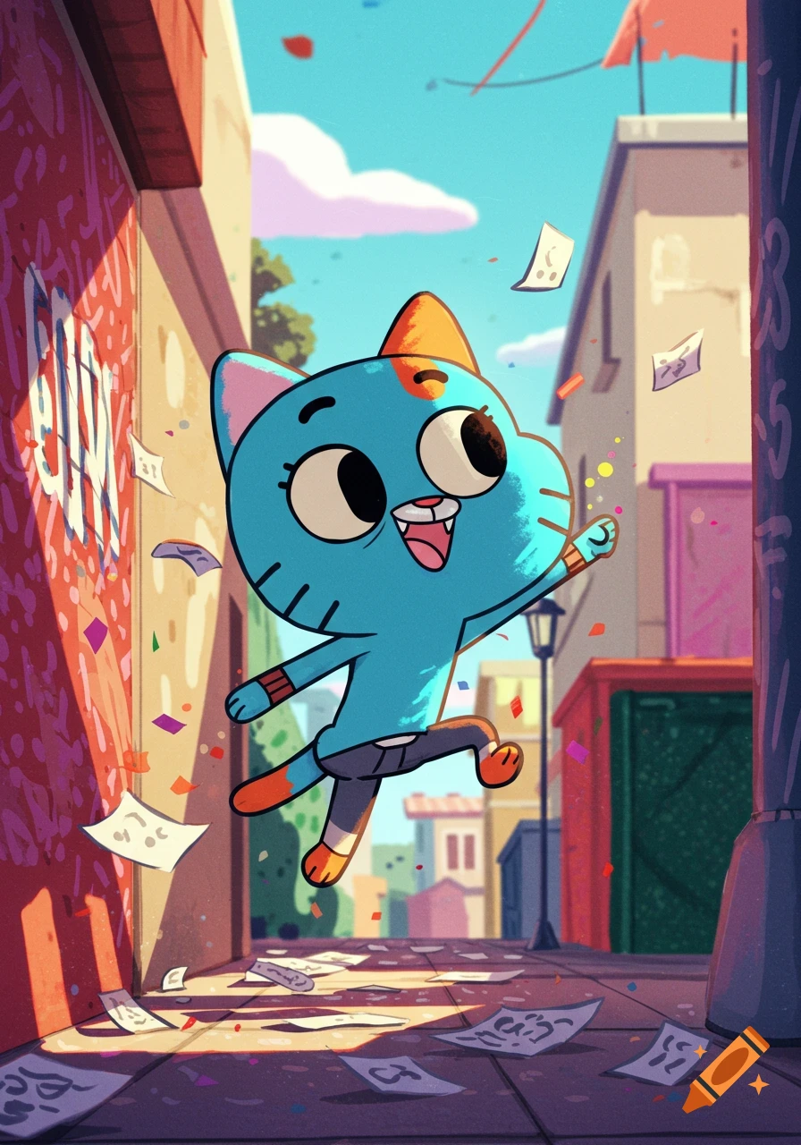 Cartoon blue cat Gumball Watterson tap dances in a tuxedo on a ...