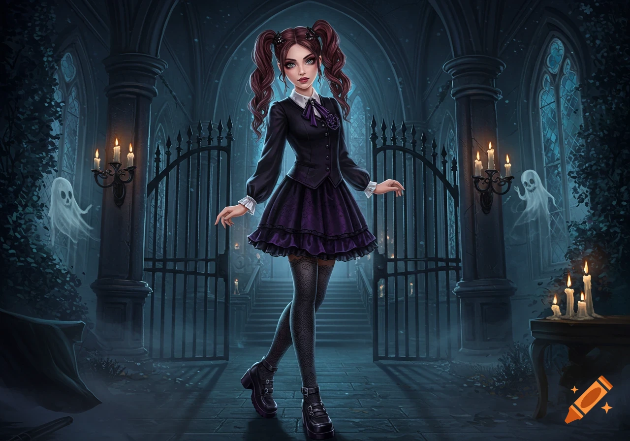 A goth girl with long black hair, a corset, and a long skirt walks down ...