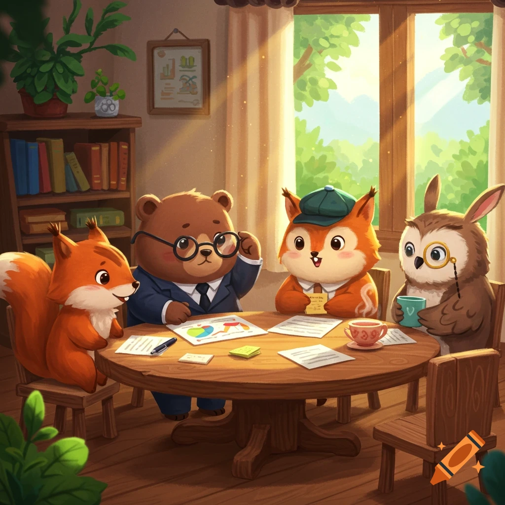 Cute cartoon animals, including a bear, fox, squirrel, and owl, sit ...