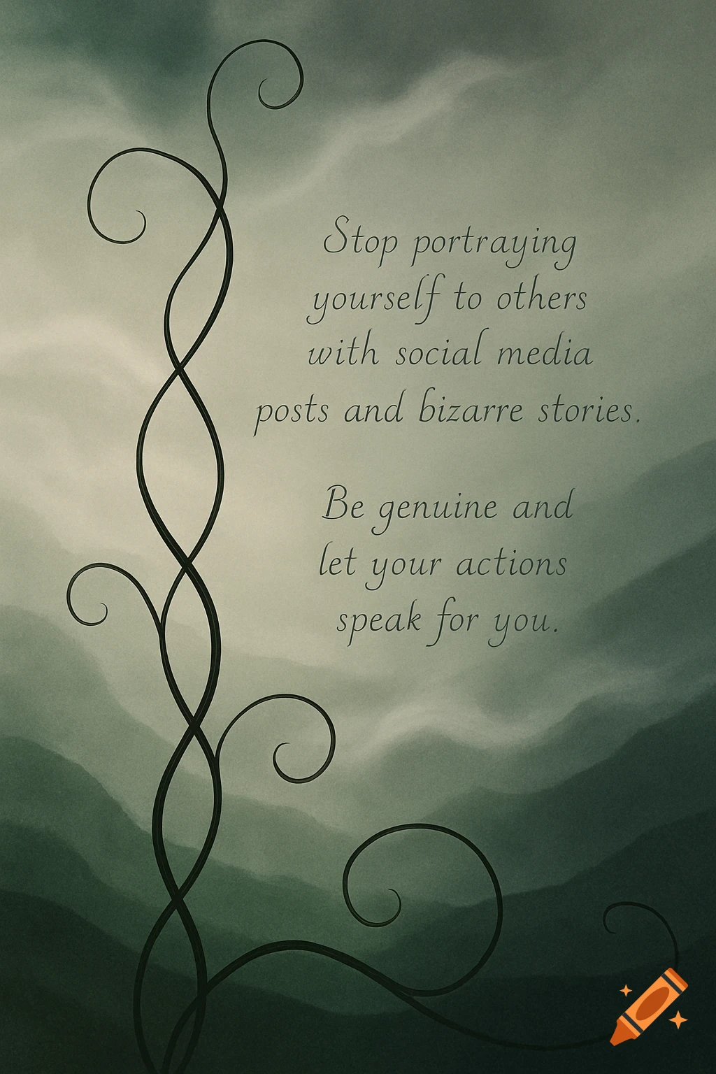 An abstract dark green and grey image with swirling vines on the left ...