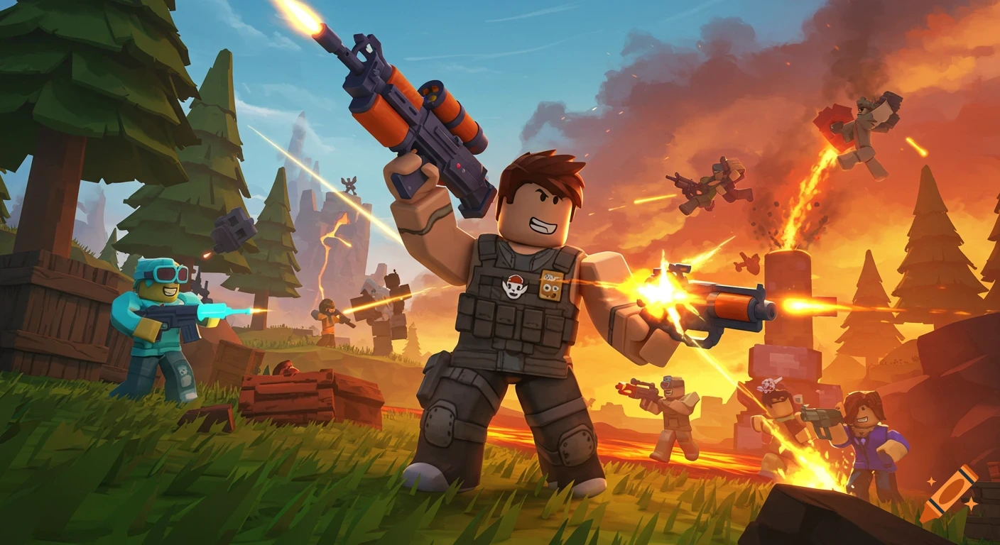 Roblox characters in a battle, with a main character holding a large ...